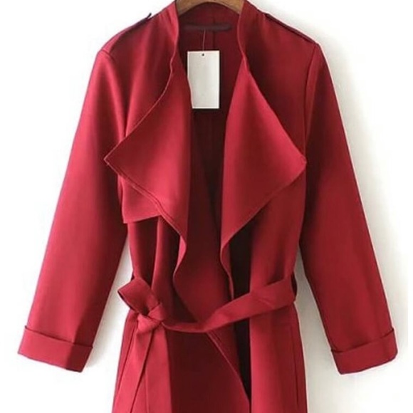 Jackets & Coats | Dark Red Tie Waist Waterfall Trench Coat Xs | Poshmark